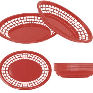 Plastic Fast Food Baskets - HUGE 12" x 9" SIZE Food Baskets For Serving - Reusable Foodservice Restaurant Deli Diner Burger Fries Fish Chip Hot Dog Sandwich Plates Tray Platter (12 Pack, Red)