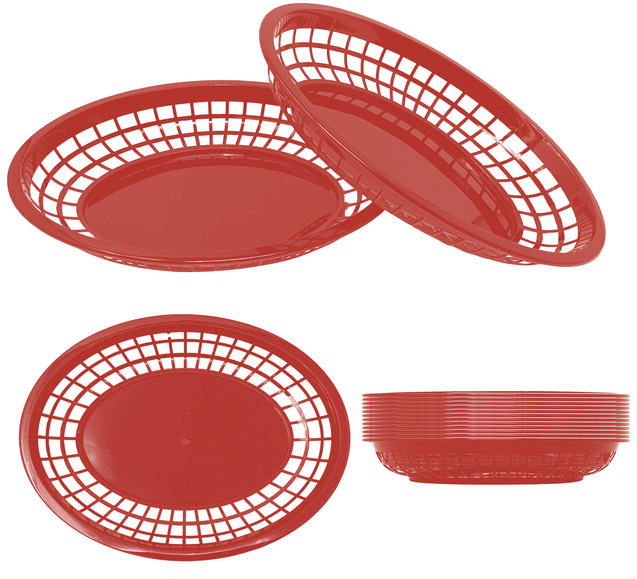 Plastic Fast Food Baskets - HUGE 12" x 9" SIZE Food Baskets For Serving - Reusable Foodservice Restaurant Deli Diner Burger Fries Fish Chip Hot Dog Sandwich Plates Tray Platter (12 Pack, Red)