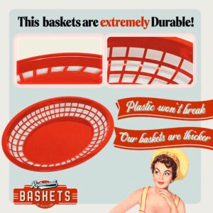 Plastic Fast Food Baskets - HUGE 12" x 9" SIZE Food Baskets For Serving - Reusable Foodservice Restaurant Deli Diner Burger Fries Fish Chip Hot Dog Sandwich Plates Tray Platter (12 Pack, Red)