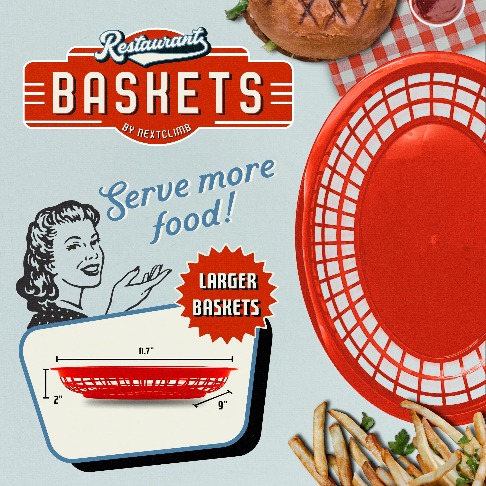 Plastic Fast Food Baskets - HUGE 12" x 9" SIZE Food Baskets For Serving - Reusable Foodservice Restaurant Deli Diner Burger Fries Fish Chip Hot Dog Sandwich Plates Tray Platter (12 Pack, Red)