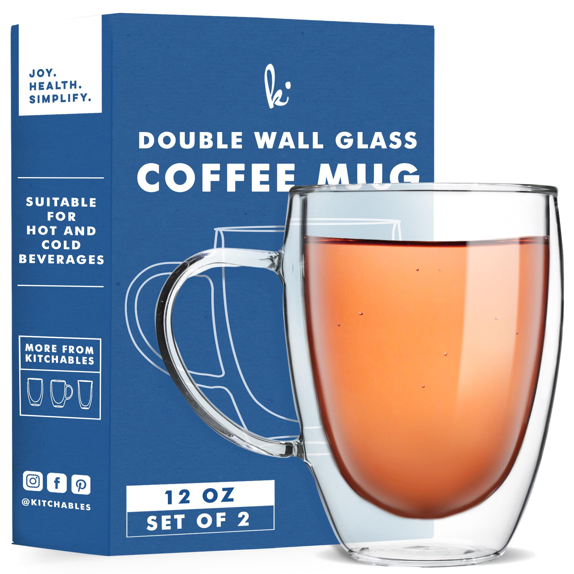 Kitchables Double Walled Glass Coffee Mugs Set of 2, 12oz - Insulated Glass Coffee Mug For Cappuccino, Latte, Tea, Espresso - Latte Cup - Tazas Para Cafe