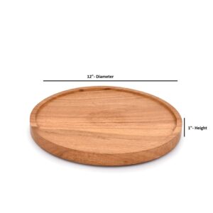 EDHAS Round Acacia Wood Serving Tray Decorative Tray Farmhouse Candle Holder Tray for Kitchen Counter Home Décor (12" x 12" x 1")