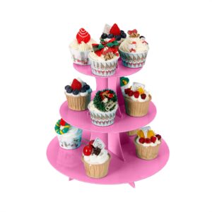 YLDW 3-Tier Cupcake Stand, Cake Stand Holder, Tiered DIY Cupcake Stand Tower for Dessert Table Displays, Birthday Theme Party Favors Decoration, Floral Tea Party, 12" W x 12.8" H, Pink