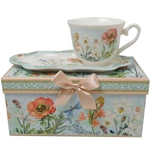 Lightahead® New Bone China Unique Tea Coffee Cup 10 oz and Snack Saucer Set in a Reusable Handmade Gift Box with Ribbon elegant floral design in attractive gift box