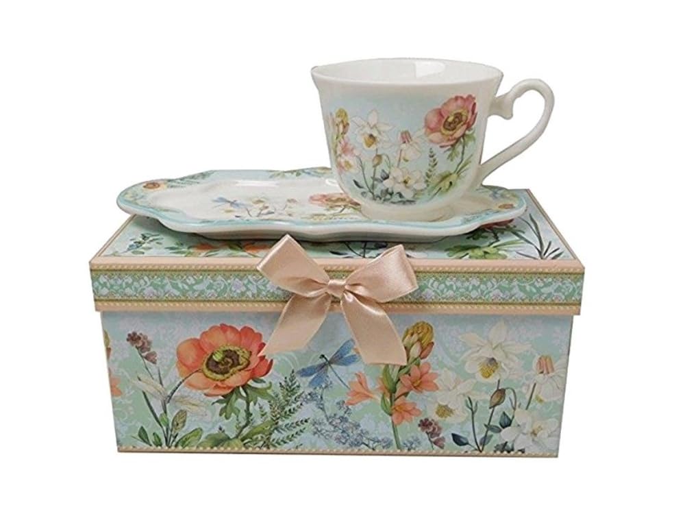 Lightahead® New Bone China Unique Tea Coffee Cup 10 oz and Snack Saucer Set in a Reusable Handmade Gift Box with Ribbon elegant floral design in attractive gift box