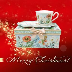 Lightahead® New Bone China Unique Tea Coffee Cup 10 oz and Snack Saucer Set in a Reusable Handmade Gift Box with Ribbon elegant floral design in attractive gift box