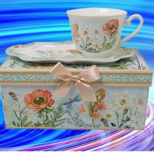 Lightahead® New Bone China Unique Tea Coffee Cup 10 oz and Snack Saucer Set in a Reusable Handmade Gift Box with Ribbon elegant floral design in attractive gift box