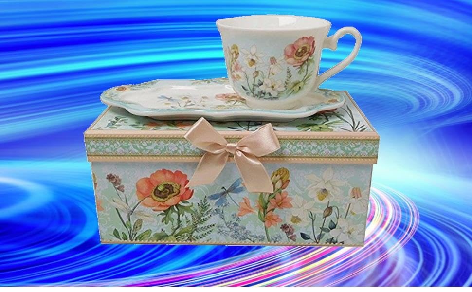 Lightahead® New Bone China Unique Tea Coffee Cup 10 oz and Snack Saucer Set in a Reusable Handmade Gift Box with Ribbon elegant floral design in attractive gift box