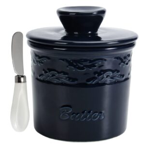 taounoa butter dish with lid - butter crock for counter with water ceramic french butter keeper with stainless steel knife covered butter holder for kitchen, navy