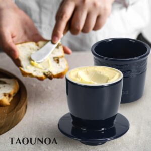 TAOUNOA Butter Dish with Lid - Butter Crock for Counter with Water Ceramic French Butter Keeper with Stainless Steel Knife Covered Butter Holder for Kitchen, Navy