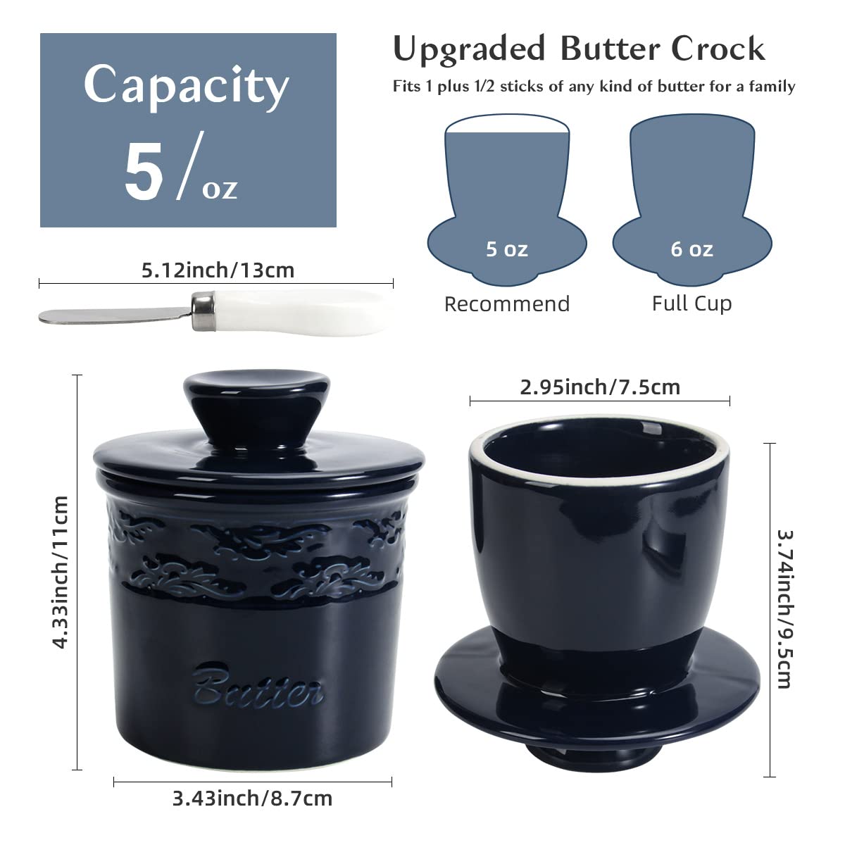 TAOUNOA Butter Dish with Lid - Butter Crock for Counter with Water Ceramic French Butter Keeper with Stainless Steel Knife Covered Butter Holder for Kitchen, Navy