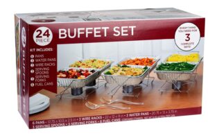 24 piece party serving kit includes chafing dish buffet set and serving utensils for all types of parties and events, 3 complete disposable party sets