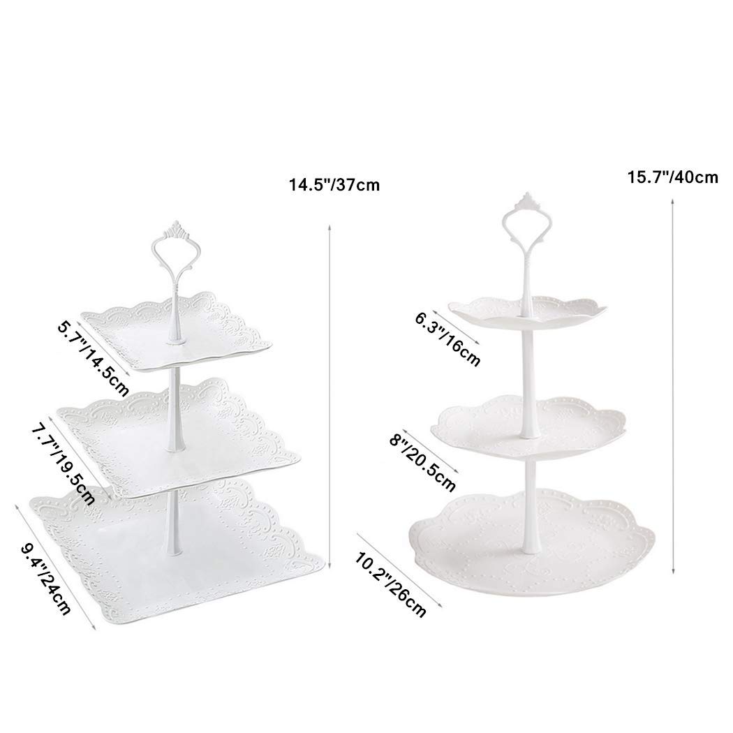 2 Set 3-Tier White Dessert Cake Stand, Plastic Pastry Stand Small Cupcake Stand Cookie Tray Rack Candy Buffet Set Up Fruit Plate and Trays for Wedding Home Birthday Party Decor Serving Platter