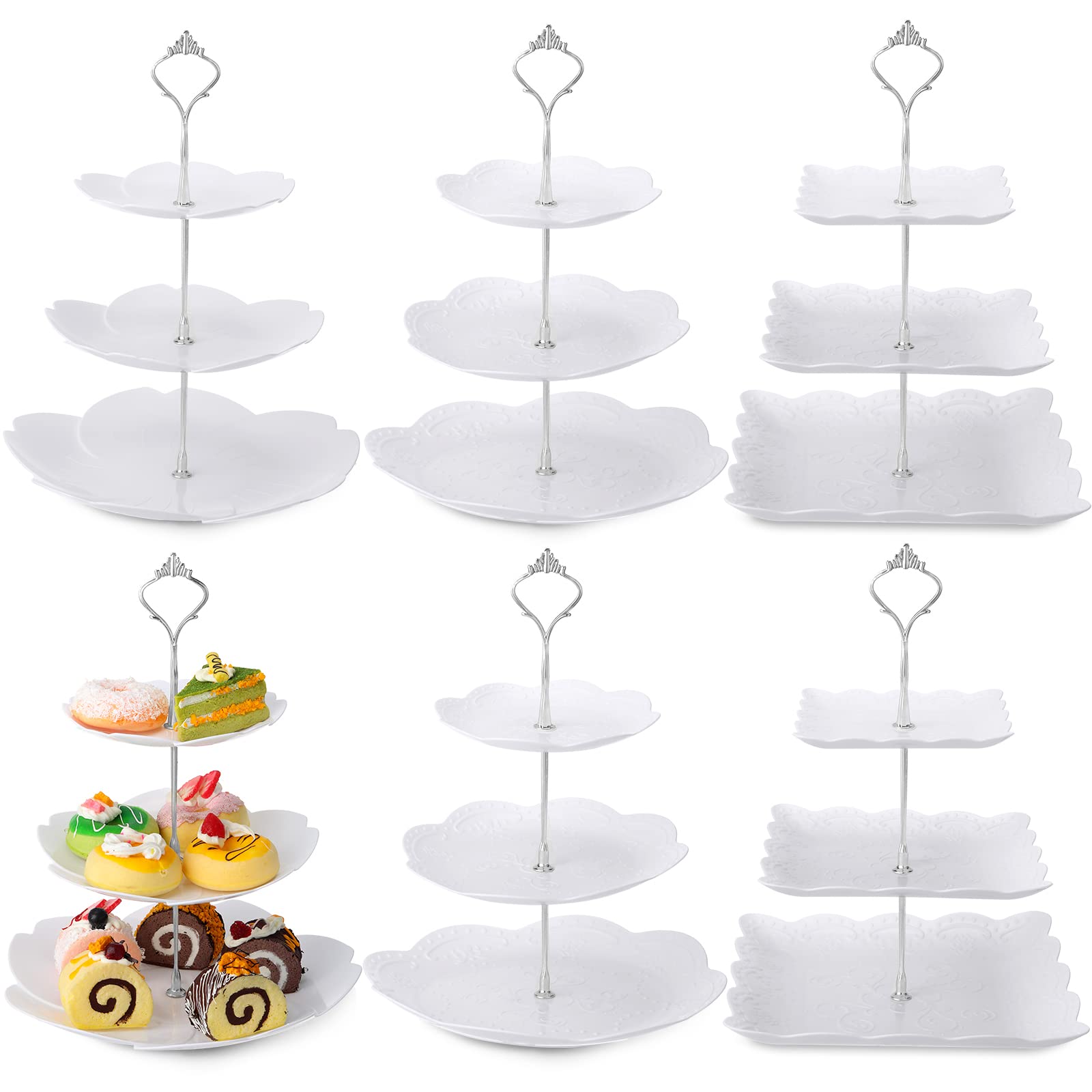 6 Packs Dessert Stand 3 Tiers Plastic Cupcake Stand serving tray Cupcake Display Stand Cookie Trays for Parties Round Flower Square Candy Trays for Display Party and Platters for Home (Silver)