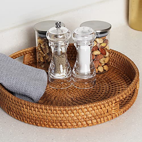 Round Rattan Serving Tray Decorative Woven Ottoman Trays for Coffee Table Natural Round Woven Tray (14 Inch)……