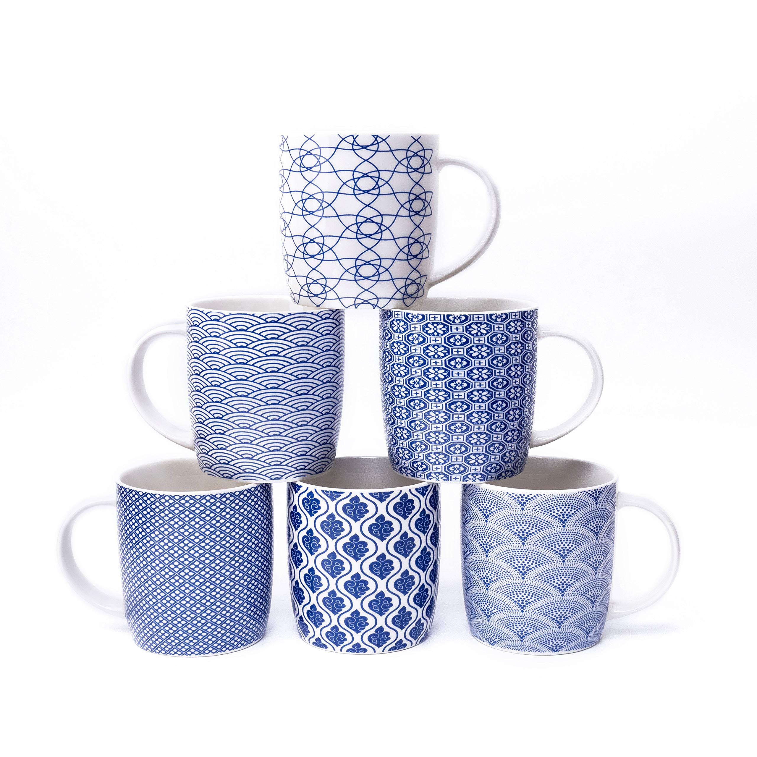 MACHUMA Set of 6 11.5 oz Coffee Mugs with Blue and White Geometric Patterns, Ceramic Tea Cup Set