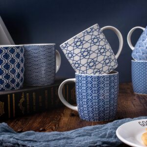 MACHUMA Set of 6 11.5 oz Coffee Mugs with Blue and White Geometric Patterns, Ceramic Tea Cup Set