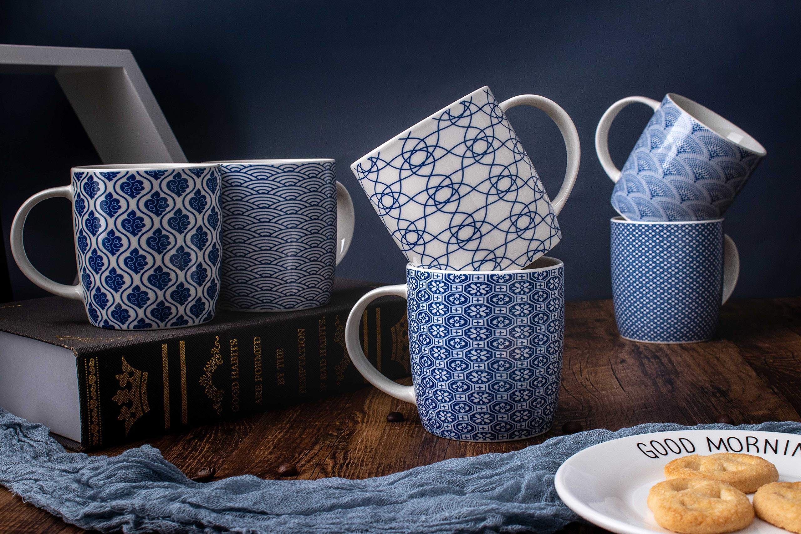 MACHUMA Set of 6 11.5 oz Coffee Mugs with Blue and White Geometric Patterns, Ceramic Tea Cup Set