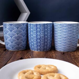 MACHUMA Set of 6 11.5 oz Coffee Mugs with Blue and White Geometric Patterns, Ceramic Tea Cup Set