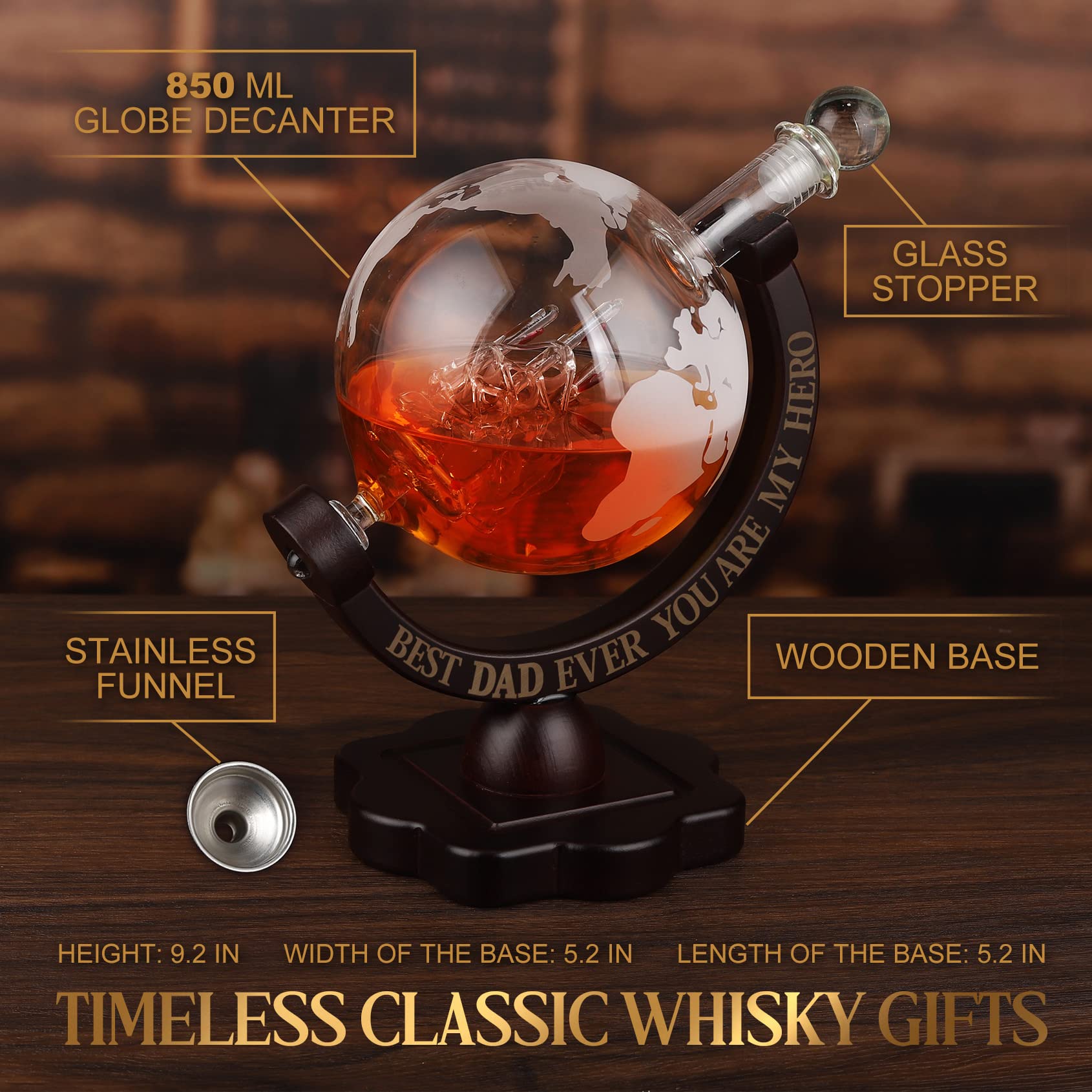 Fathers Day Gift for Dad from Daughter Son - Gifts for Dad, BEST DAD EVER 850ML Whiskey Globe Decanter - Dad Birthday Gift, Dad Gifts, Unique Gift Ideas for Dad - Fathers Day Dad Presents from Kids