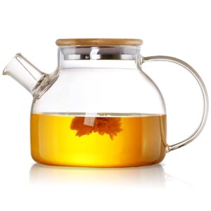 glass pitcher with bamboo lid, glass teapot stovetop & microwave safe, glass borosilicate teapot with removable filter spout, 34oz/1000ml, teapot for loose leaf and blooming tea and fruit tea