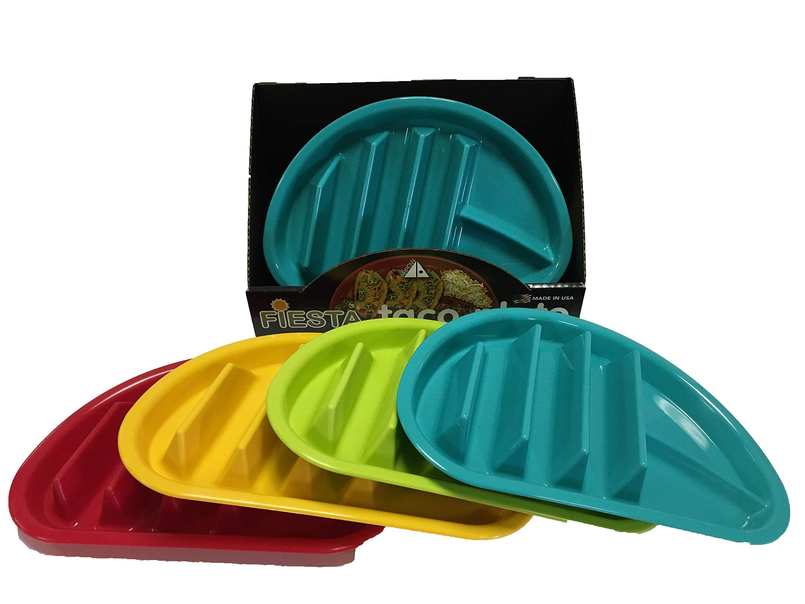 Arrow Home Products Fiesta Taco Plate, 12 Pack - Each Plate Includes 3 Taco Holders Plus 2 Compartments - BPA Free Plastic, Made in the USA, Dishwasher Safe - Assorted Colors