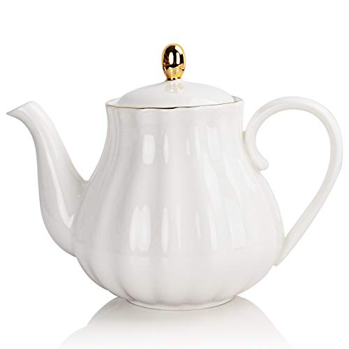 Sweejar Royal Teapot, Ceramic Tea Pot with Removable Stainless Steel Infuser, Blooming & Loose Leaf Teapot - 28 Ounce(White)