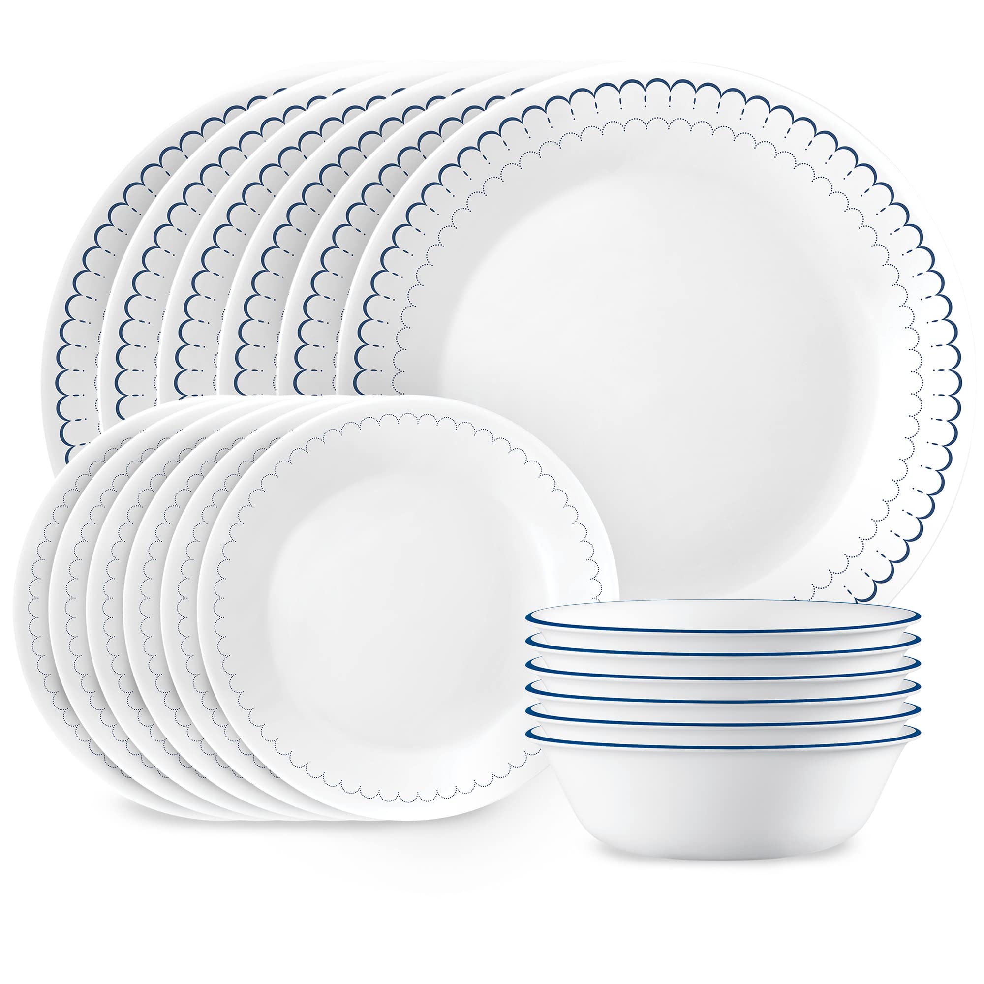 Corelle 18-Piece Dinnerware Set, Service for 6, Lightweight Round Plates and Bowls Set, Vitrelle Triple Layer Glass, Chip Resistant, Microwave and Dishwasher Safe, Caspian