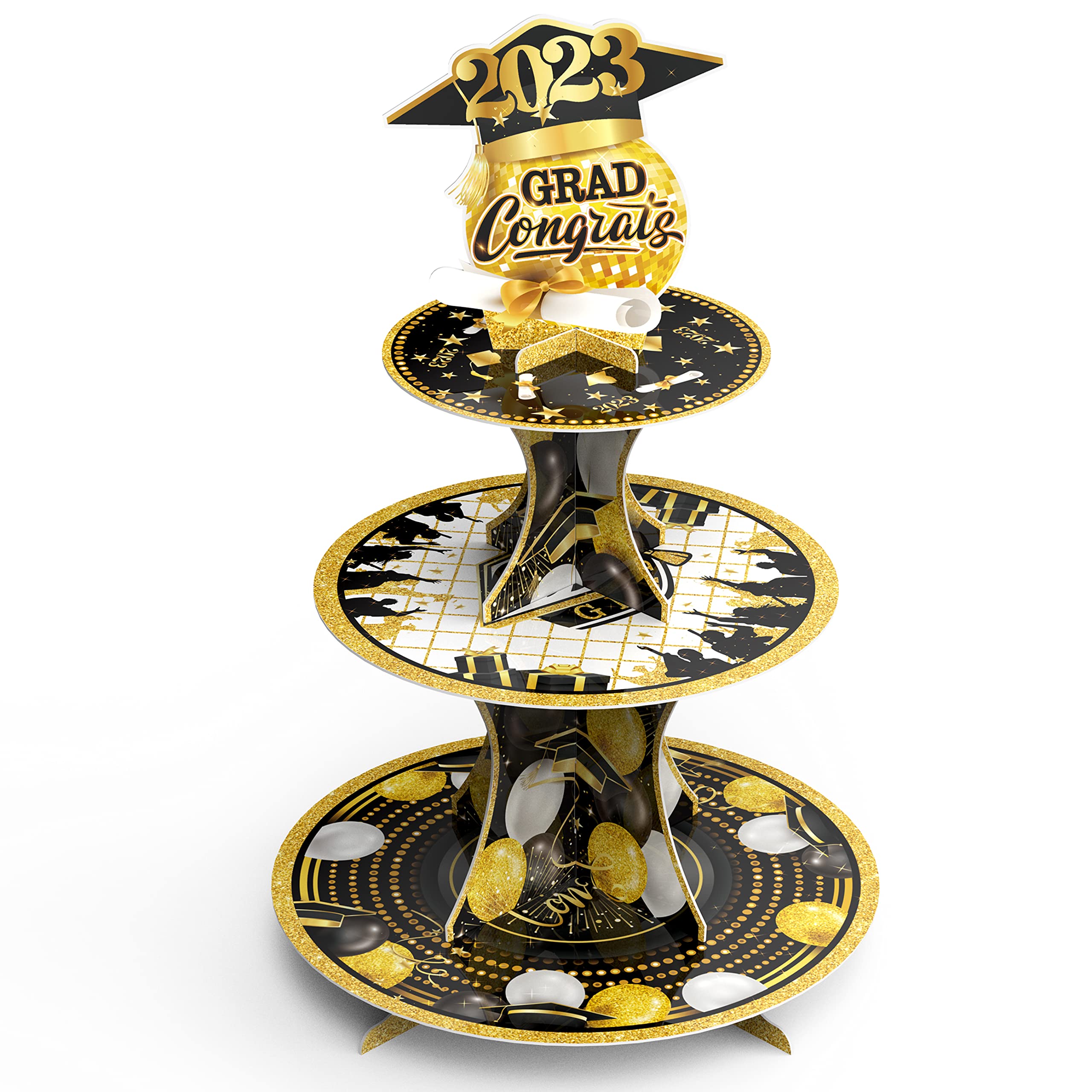 2023 Graduation Cupcake Stand Decorations Class of 2023 Black and Gold 3 Tier Graduation Party Cupcake Holder Congrats Grad Party Dessert Tower Stand for Graduation Party Supplies Favors