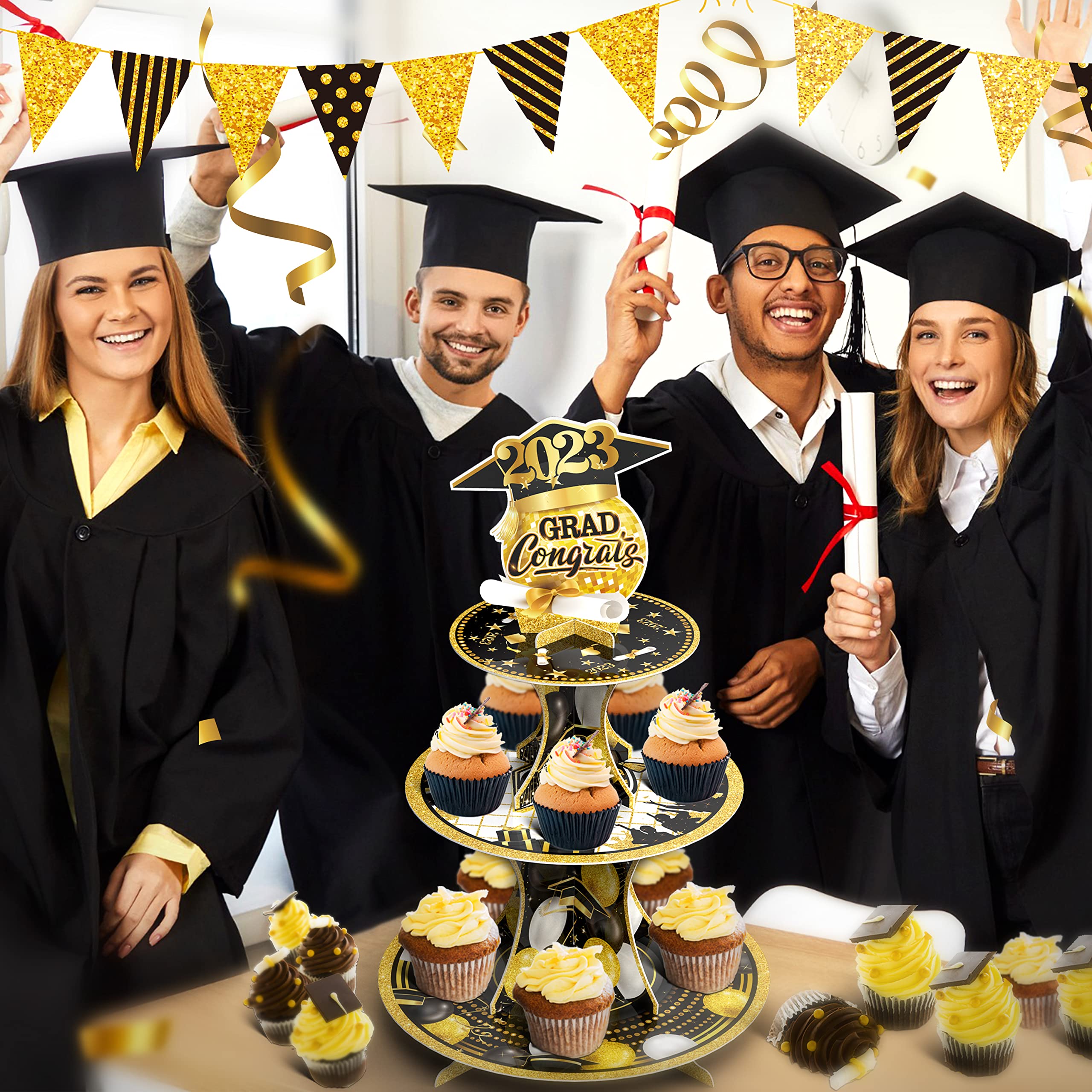 2023 Graduation Cupcake Stand Decorations Class of 2023 Black and Gold 3 Tier Graduation Party Cupcake Holder Congrats Grad Party Dessert Tower Stand for Graduation Party Supplies Favors