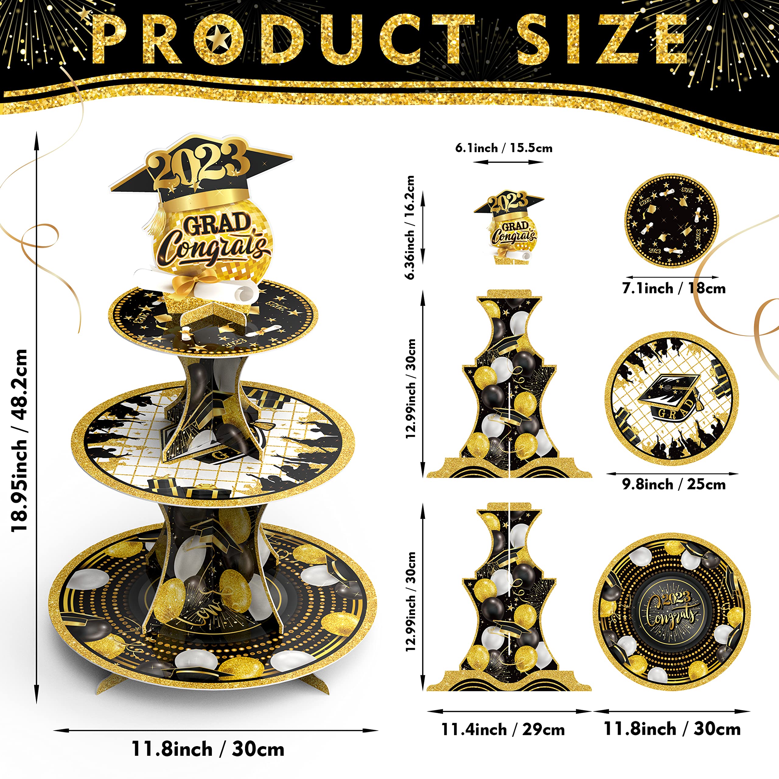 2023 Graduation Cupcake Stand Decorations Class of 2023 Black and Gold 3 Tier Graduation Party Cupcake Holder Congrats Grad Party Dessert Tower Stand for Graduation Party Supplies Favors