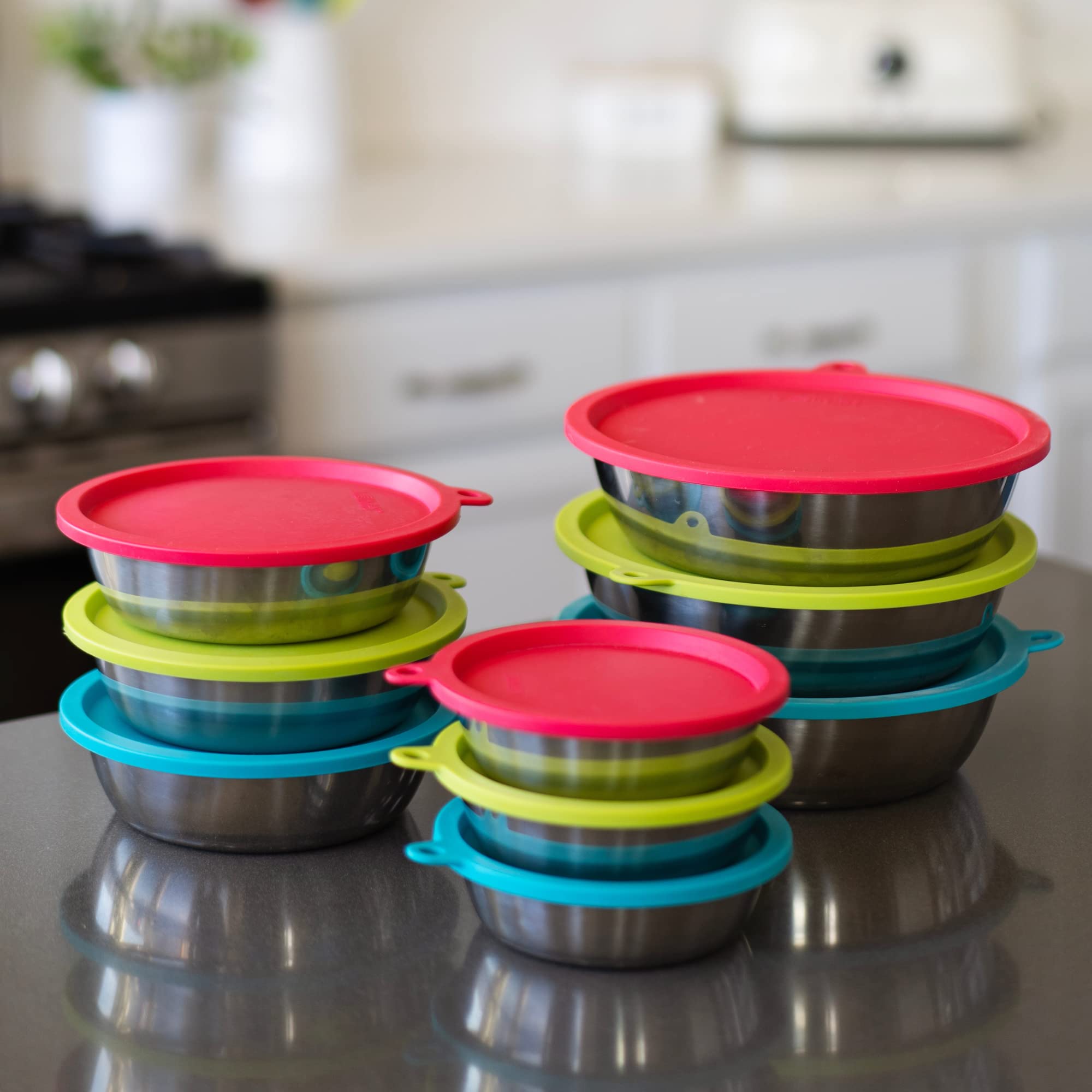 Messy Mutts 6-Piece Set | Three Stainless Steel Bowls and Three Colorful Silicone Lids | Sealable Travel Containers | Portable Food/Water Dishes for Pets | Medium, 1.5 Cups