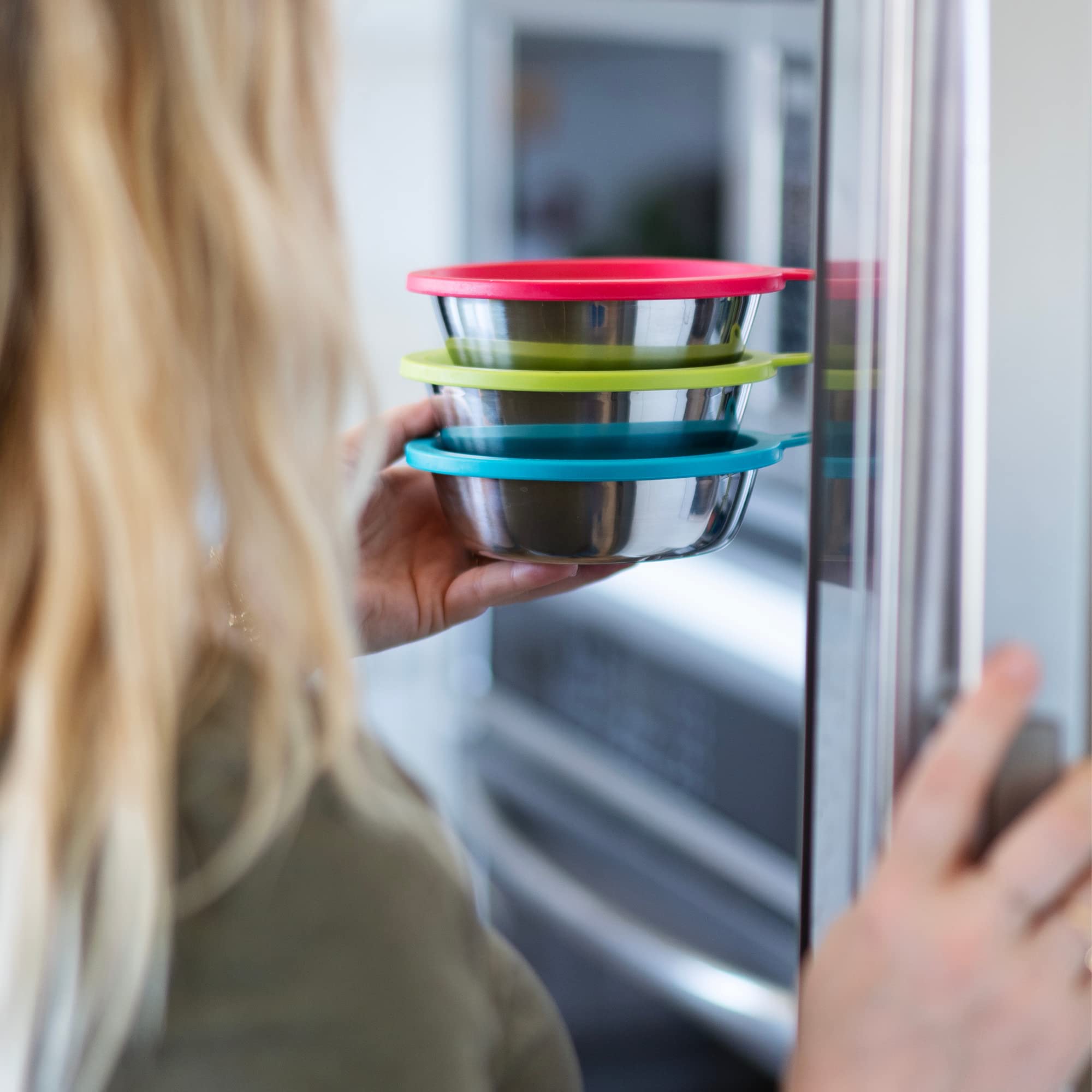 Messy Mutts 6-Piece Set | Three Stainless Steel Bowls and Three Colorful Silicone Lids | Sealable Travel Containers | Portable Food/Water Dishes for Pets | Medium, 1.5 Cups