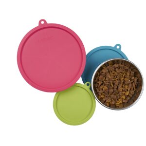 Messy Mutts 6-Piece Set | Three Stainless Steel Bowls and Three Colorful Silicone Lids | Sealable Travel Containers | Portable Food/Water Dishes for Pets | Medium, 1.5 Cups