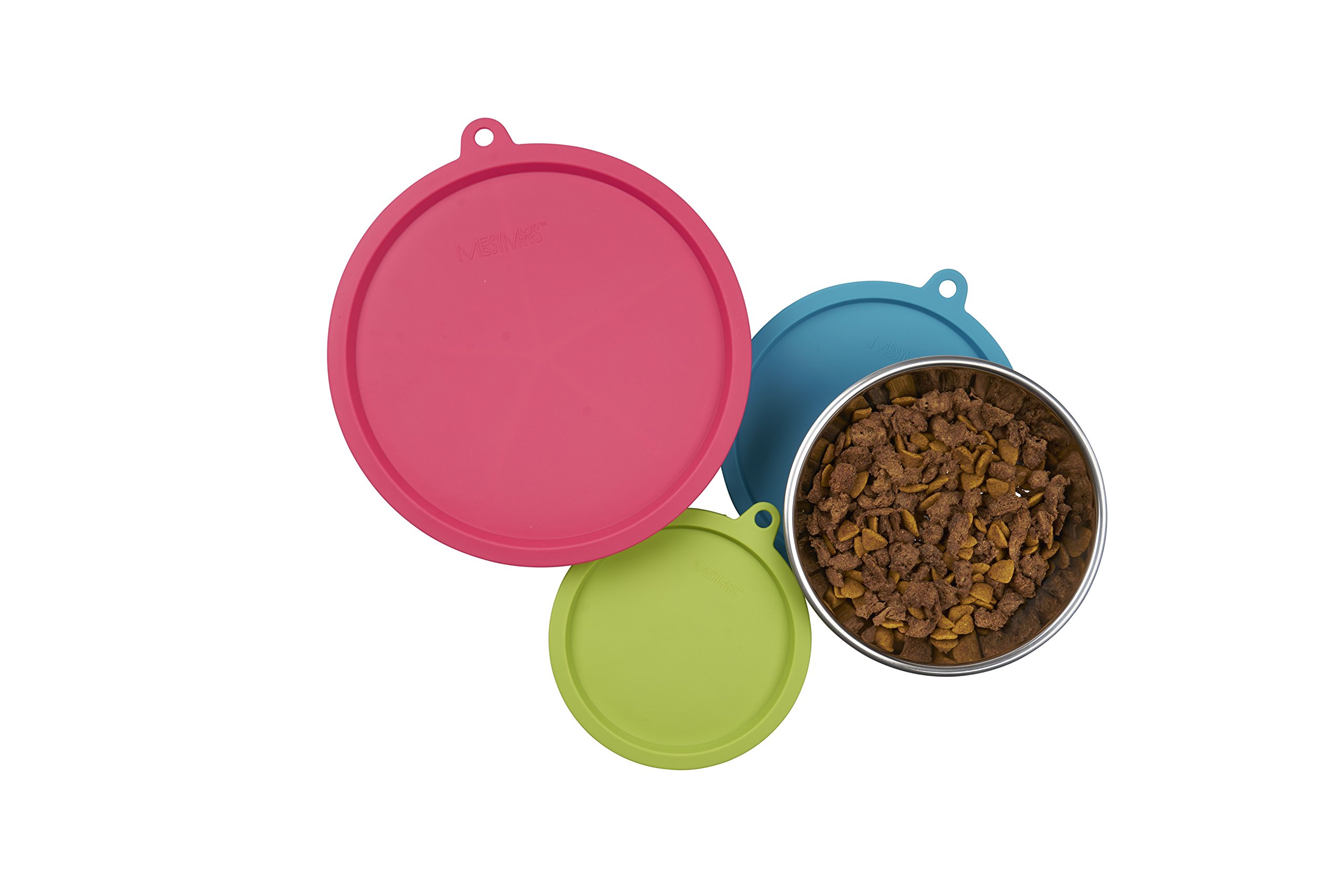 Messy Mutts 6-Piece Set | Three Stainless Steel Bowls and Three Colorful Silicone Lids | Sealable Travel Containers | Portable Food/Water Dishes for Pets | Medium, 1.5 Cups