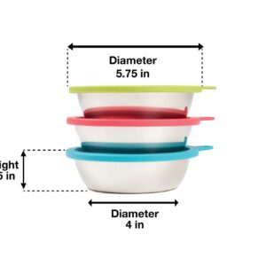 Messy Mutts 6-Piece Set | Three Stainless Steel Bowls and Three Colorful Silicone Lids | Sealable Travel Containers | Portable Food/Water Dishes for Pets | Medium, 1.5 Cups