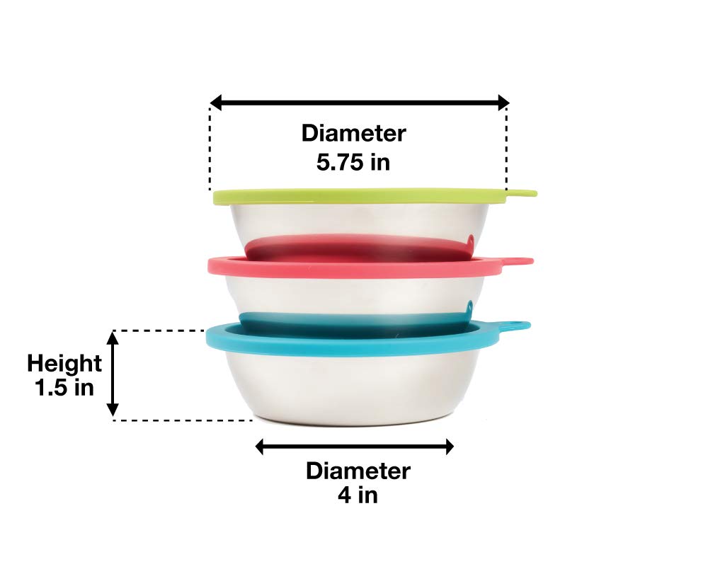 Messy Mutts 6-Piece Set | Three Stainless Steel Bowls and Three Colorful Silicone Lids | Sealable Travel Containers | Portable Food/Water Dishes for Pets | Medium, 1.5 Cups