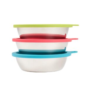 Messy Mutts 6-Piece Set | Three Stainless Steel Bowls and Three Colorful Silicone Lids | Sealable Travel Containers | Portable Food/Water Dishes for Pets | Medium, 1.5 Cups