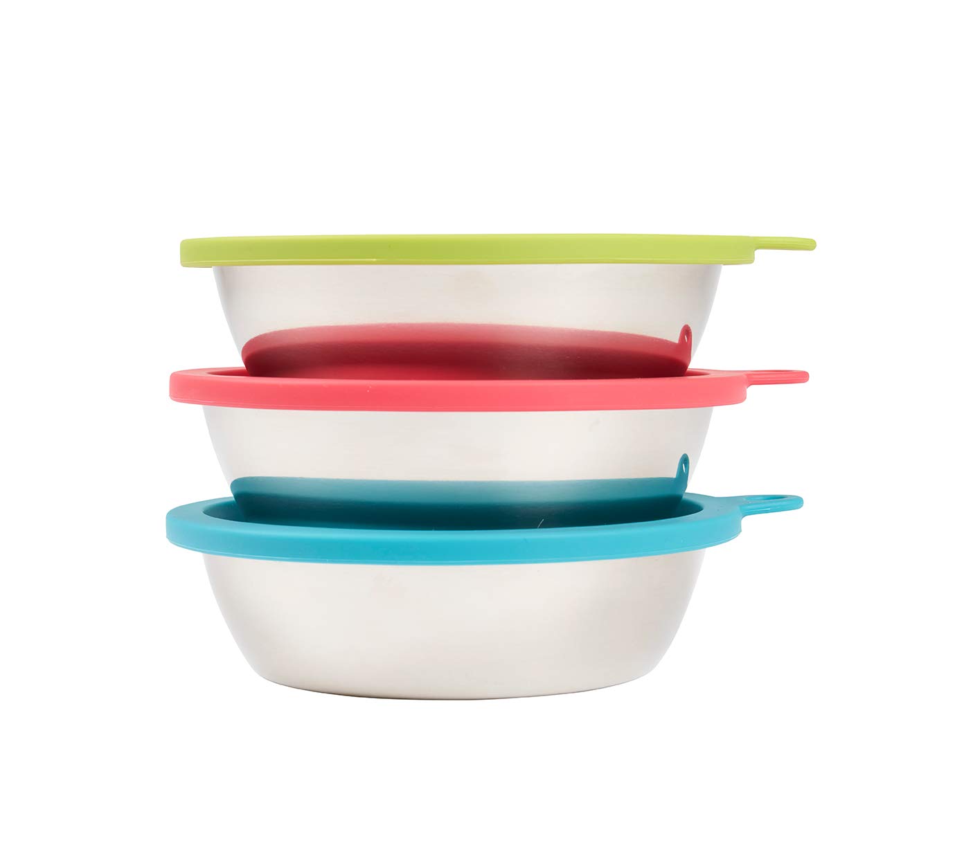 Messy Mutts 6-Piece Set | Three Stainless Steel Bowls and Three Colorful Silicone Lids | Sealable Travel Containers | Portable Food/Water Dishes for Pets | Medium, 1.5 Cups