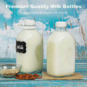 2 Pack 64 Oz Heavy Duty Glass Milk Bottle with Pour Spout and Reusable Airtight SCREW LID, 2 Qt Glass Water Bottle with 2 Exact Scale Lines - Glass Milk Jug Pitcher - 1/2 Gal Juice Bottles