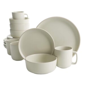 gibson home zuma 16 piece round kitchen dinnerware set, dishes, plates, bowls, mugs, service for 4, matte stoneware, cream