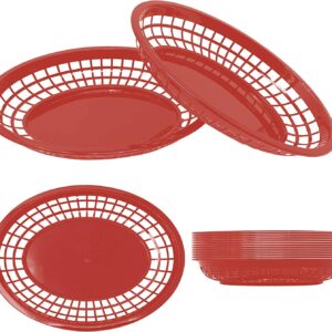 Restaurant Basket Fast Food Baskets - HUGE 12” x 9” SIZE Classic Oval Retro Plastic Foodservice Bread, Burger & Fries Tray Platter Set For Party, Picnic, Barbecue (Red 12-Pack)