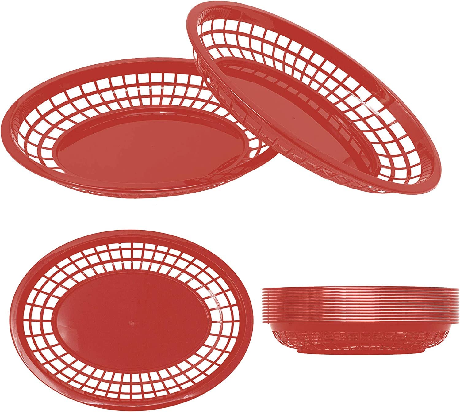 Restaurant Basket Fast Food Baskets - HUGE 12” x 9” SIZE Classic Oval Retro Plastic Foodservice Bread, Burger & Fries Tray Platter Set For Party, Picnic, Barbecue (Red 12-Pack)