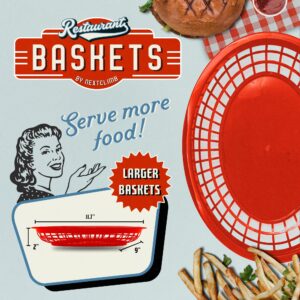 Restaurant Basket Fast Food Baskets - HUGE 12” x 9” SIZE Classic Oval Retro Plastic Foodservice Bread, Burger & Fries Tray Platter Set For Party, Picnic, Barbecue (Red 12-Pack)