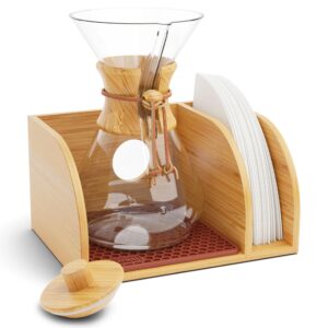 hexnub – caddy and lid for pour over coffee makers, bamboo stand fits chemex, bodum, cosori carafes, heatproof mat, filter holder for coffee brewing - brown mat