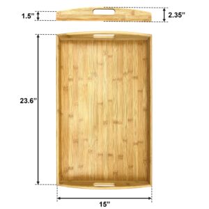 Bam & Boo - Natural Bamboo Serving Tray Extra Large Rectangular with Handles - for Food, Drinks, Storage, Decor, Vanity, Breakfast, Parties, Weddings, Picnics(23.6” x 15” x 2.35”)