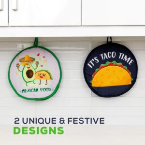 Microwaveable X-Large Tortilla Warmer Pouch 2 Pack - 2 Fun Designs "Taco Time" & "Mexican Food" to make taco night special. 12 Inch in Diameter Microwave Corn or Flour Tortillas, Pizza, Naan Bread