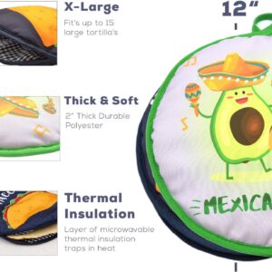 Microwaveable X-Large Tortilla Warmer Pouch 2 Pack - 2 Fun Designs "Taco Time" & "Mexican Food" to make taco night special. 12 Inch in Diameter Microwave Corn or Flour Tortillas, Pizza, Naan Bread