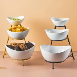 LYEOBOH 3 Tier Serving Bowls Set with Collapsible Thicker Metal Stand, Oval Serving Dishes for Entertaining Tiered Serving Stand for Fruit, Dessert, Candy, Chip and Dip (Black)