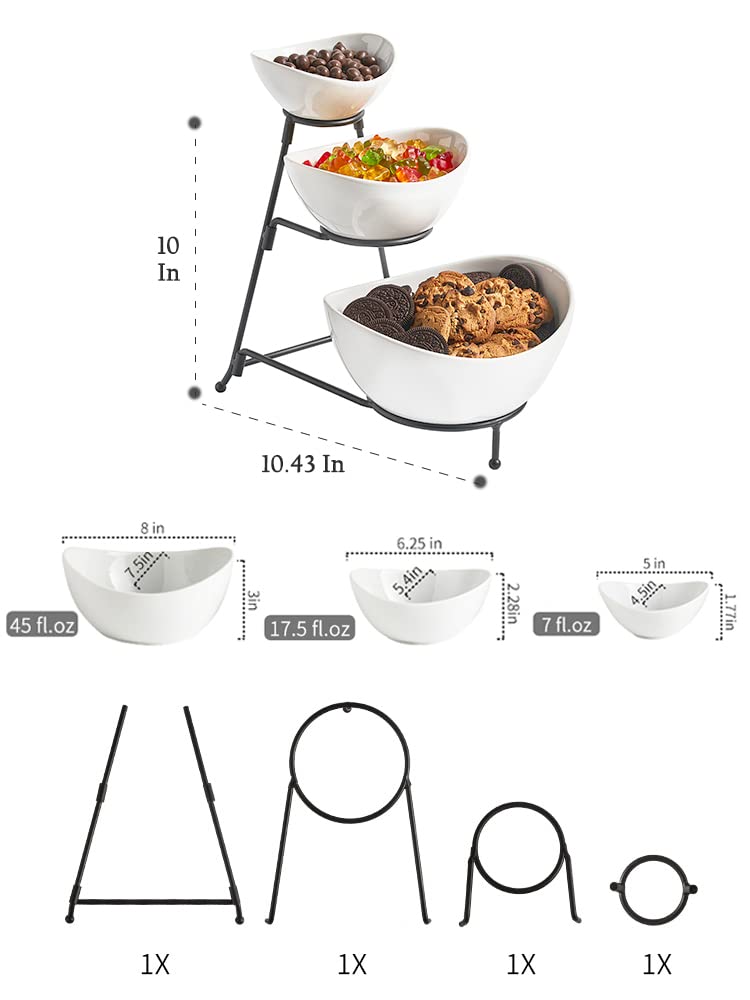 LYEOBOH 3 Tier Serving Bowls Set with Collapsible Thicker Metal Stand, Oval Serving Dishes for Entertaining Tiered Serving Stand for Fruit, Dessert, Candy, Chip and Dip (Black)